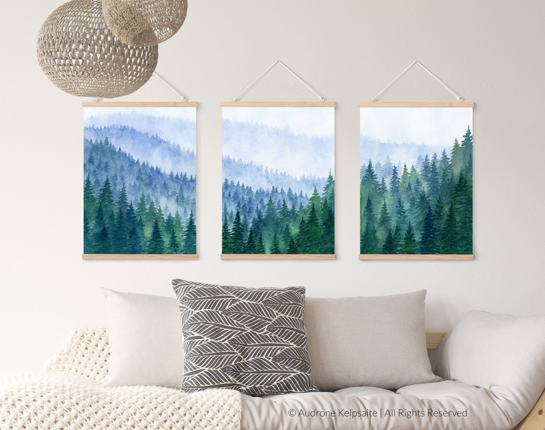 Calm Forest Wall Art Set of 3, Forest Watercolor Prints, Nature Theme ...