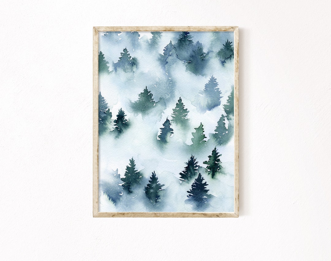 Winter Forest Christmas Wall Art Print, Evergreen Conifer Trees ...
