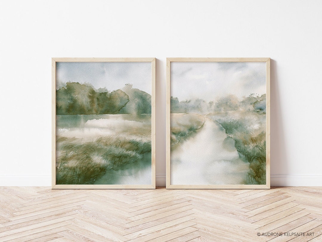 Muted Green Watercolor Landscape Wall Art Print Set of 2, Soft Country ...