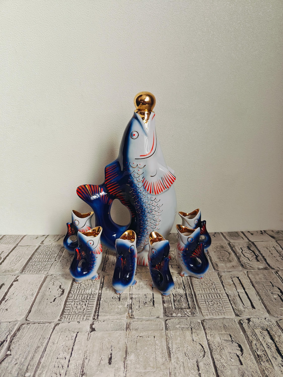 Soviet Vodka Drinking Set, Cobalt Blue Fish Decanter With Cups, Vintage ...