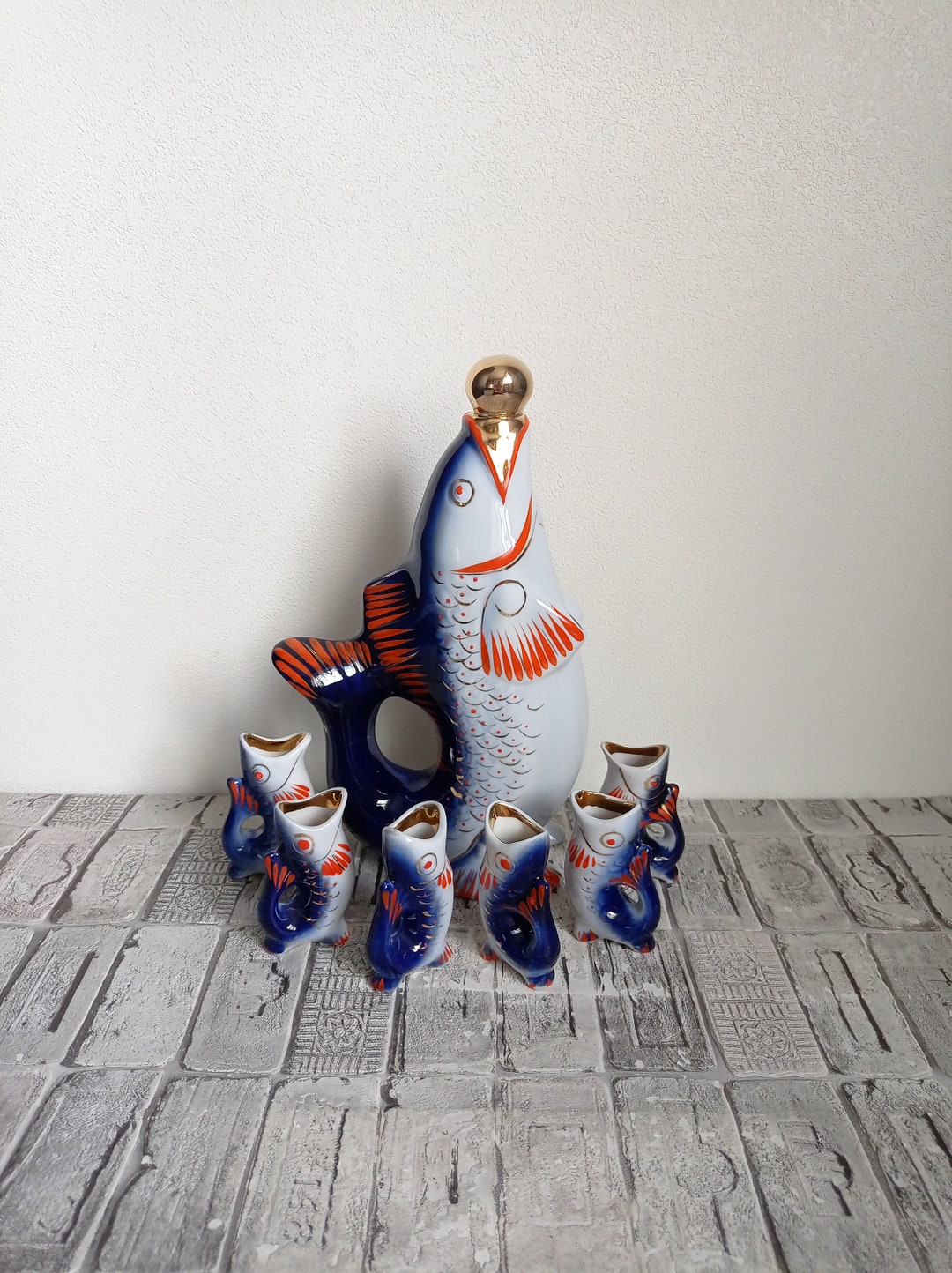 Cobalt Blue Fish Decanter With Cups, Vodka Drinking Set, Vintage ...
