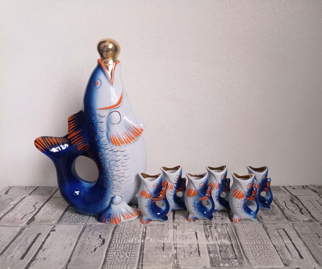 Vodka Fish Decanter, Vintage Drinking Set, Soviet Fish Decanter, Cobalt ...