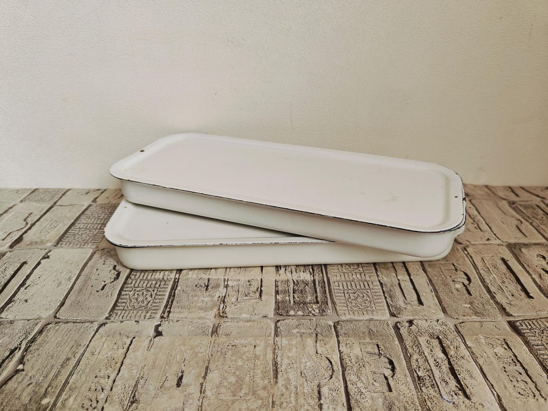 Set of 2 Vintage White Enamel Trays, Rectangular Tray, Rustic ...