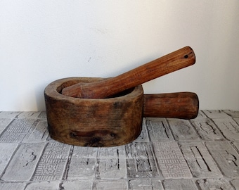 Primitive Wooden Mortar With Pestle, Wabi Sabi Decor, Old Hand Carved Wooden Mortar With Pestle ...