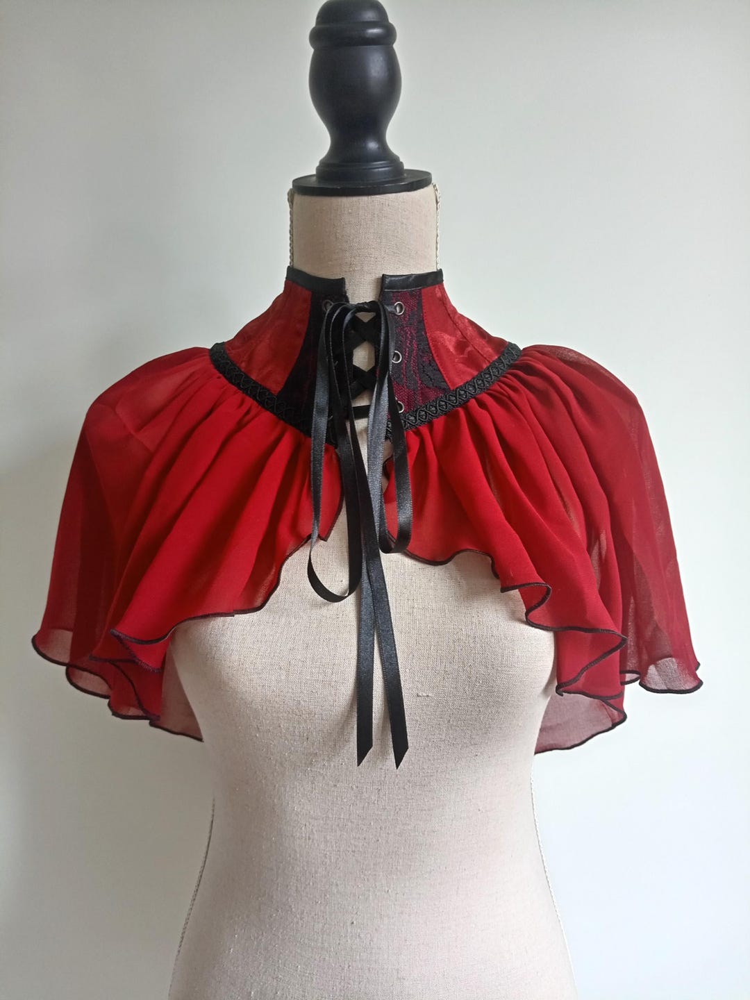 Vampire Halloween Costume Red Sheer Chiffon Cape Gothic Cloak High Neck ...