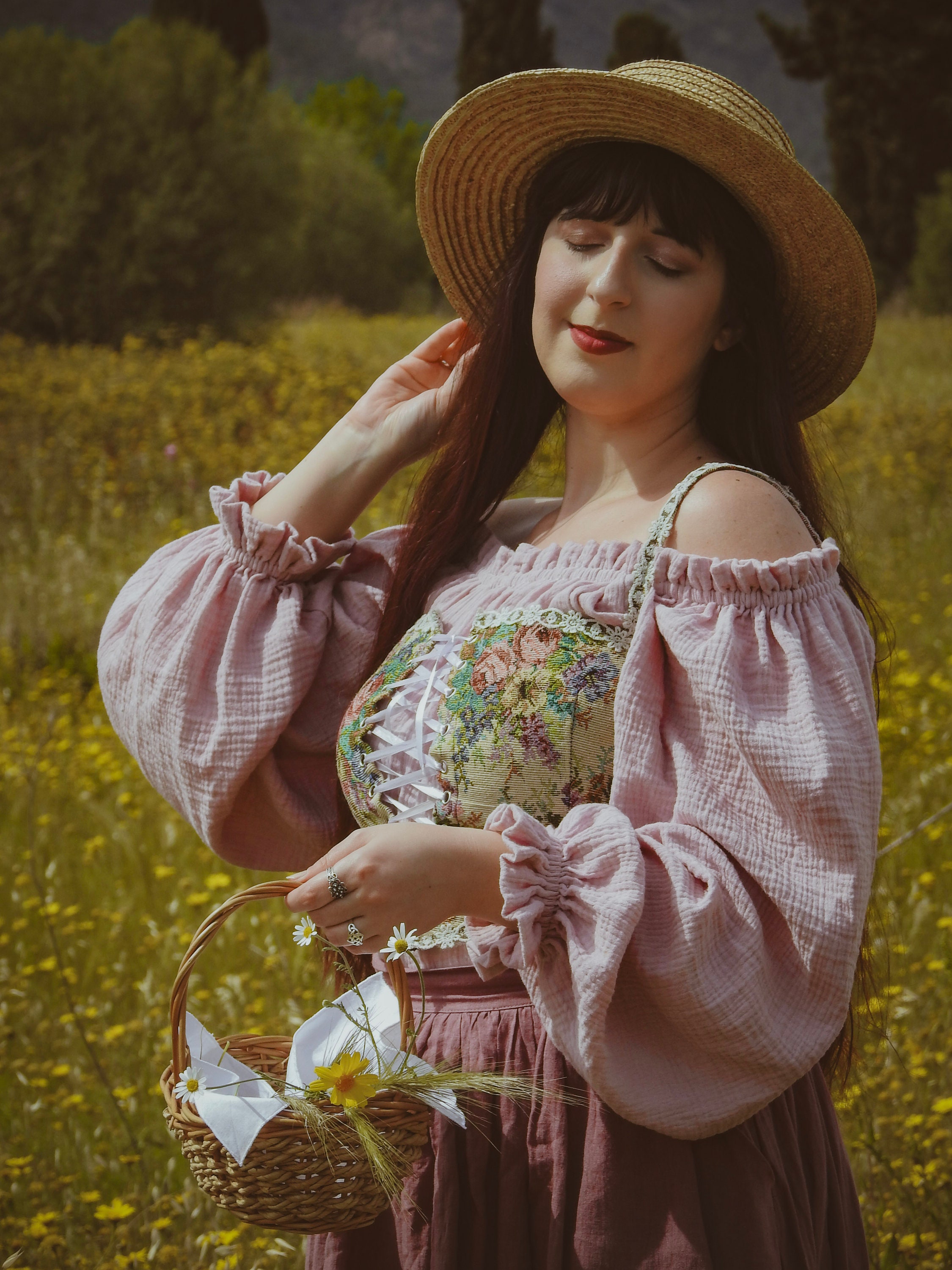 Pink Bardot Top Romantic Picnic Blouse Soft Cotton off Shoulder Puff ...