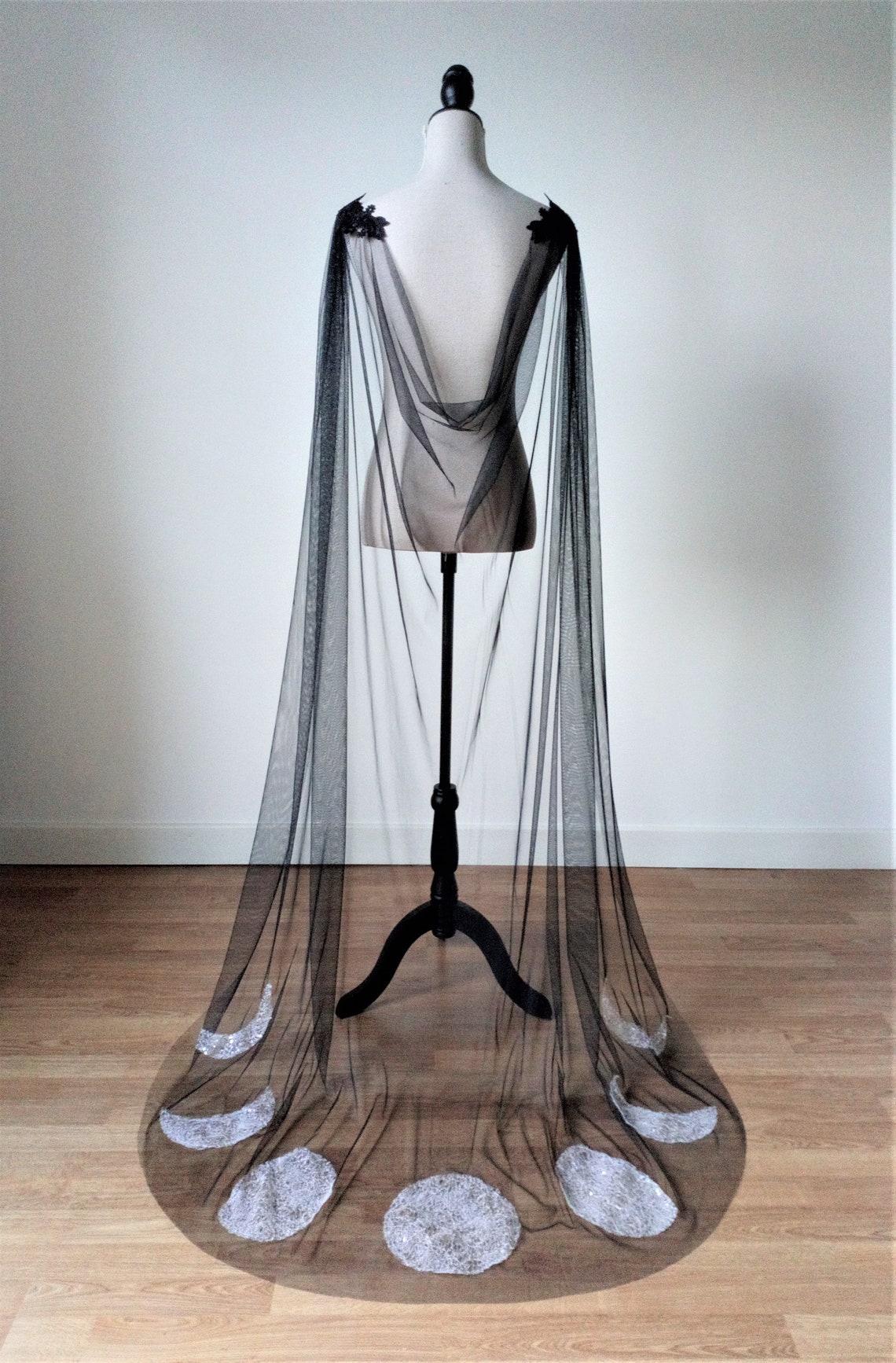 Black Witch Cloak Black Wedding Cape Moon Phase Cape Mesh - Etsy