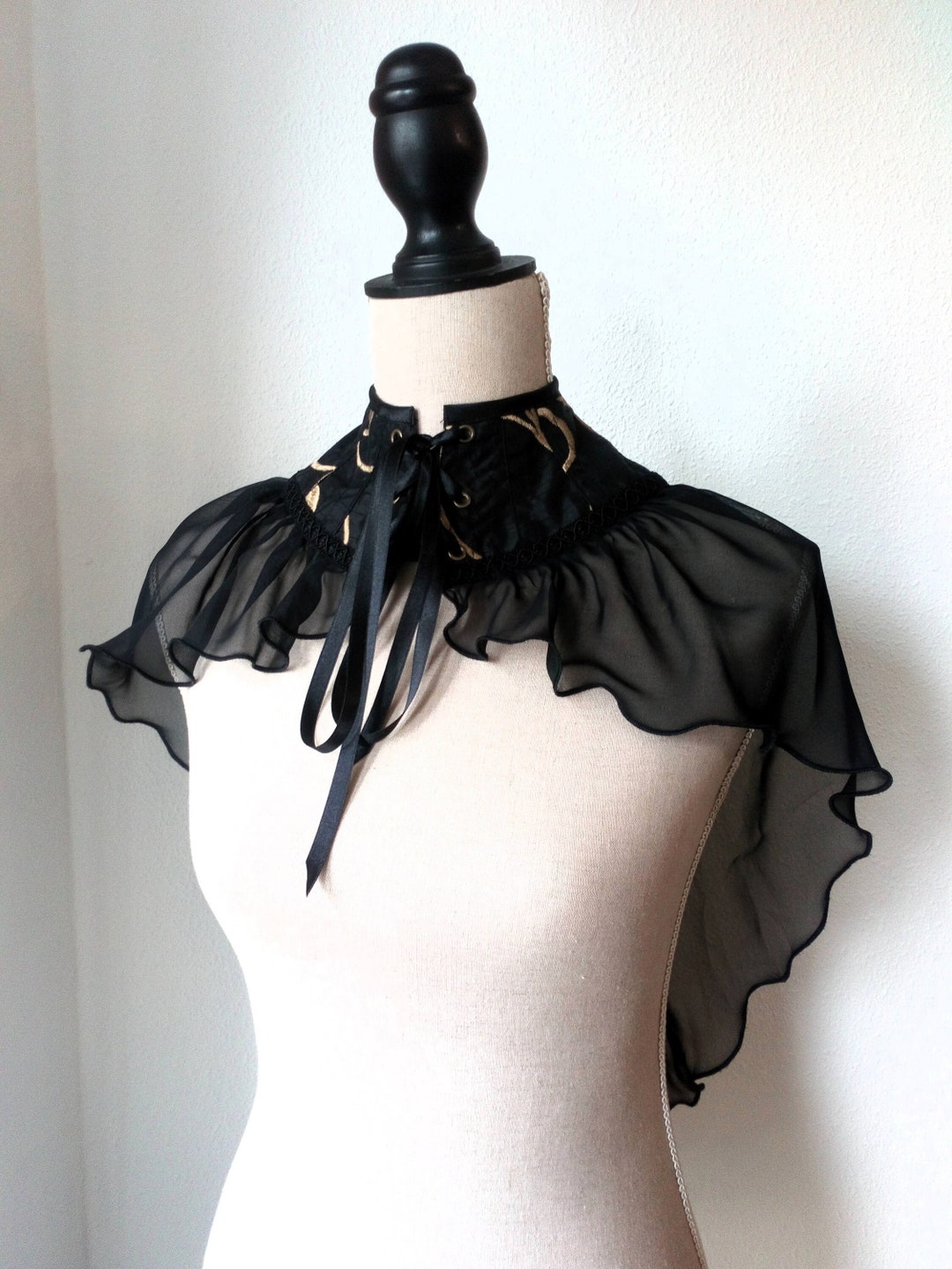 Elegant Victorian Black Chiffon High Neck Capelet Statement Accessory ...