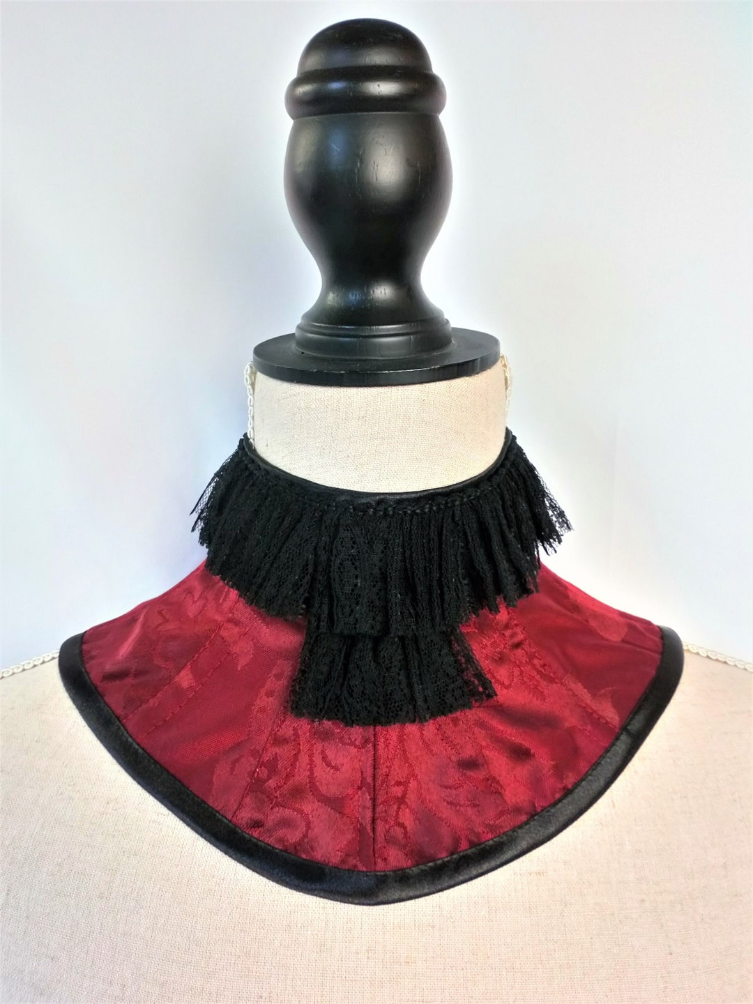 Gothic Victorian Neck Ruff Collar – Red Brocade & Black Lace Choker for ...