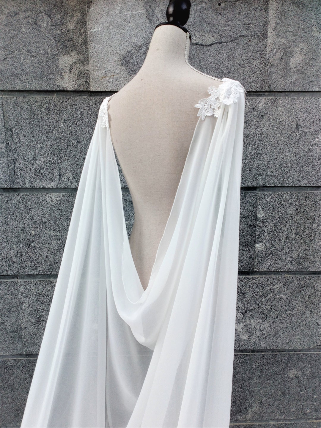 Natural White Chiffon Bridal Cape, Long Drape Cape Veil, Dainty Wedding ...