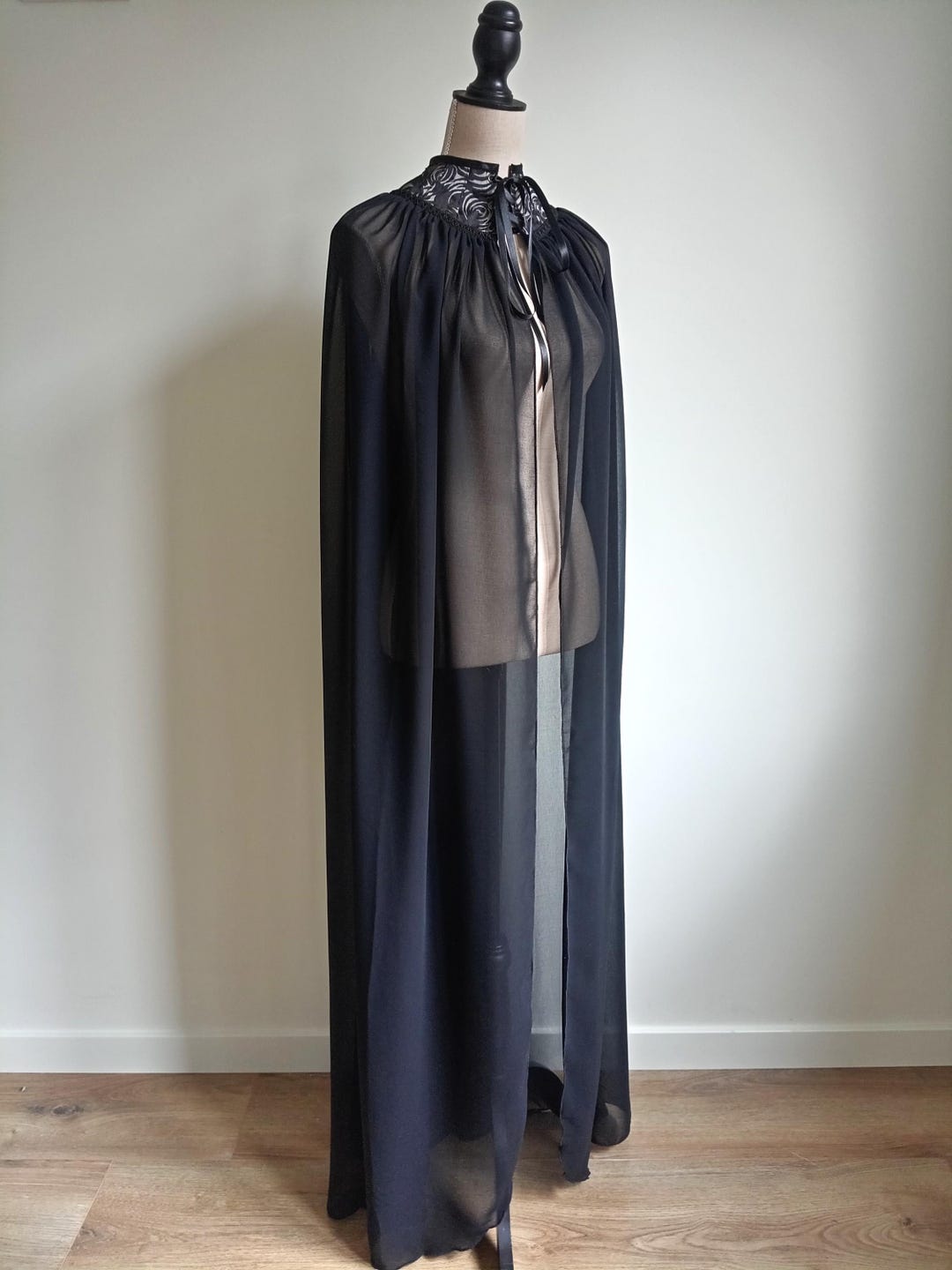 Black Sheer Vampire Cloak Full Length Chiffon Cape High Neck Lace up ...