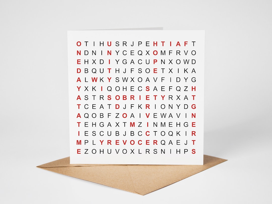 Sobriety Word Search Greeting Card. Alcoholics Anonymous Anniversary ...