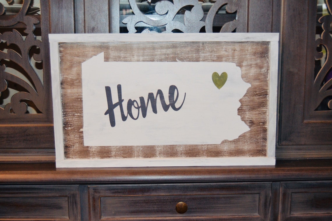 Custom Home State Sign With Heart Over City Wood Sign | Etsy