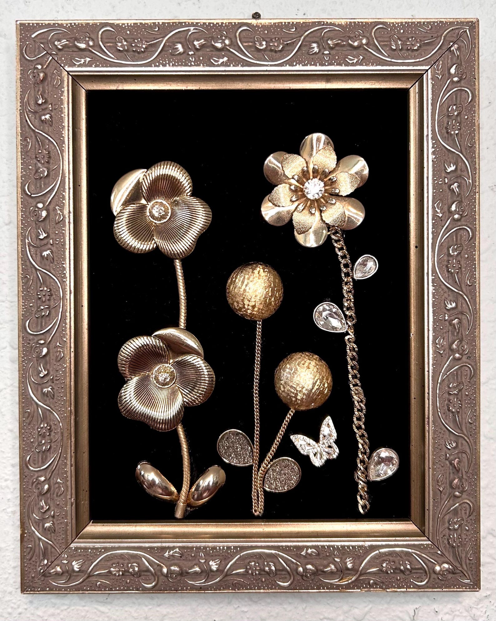 Framed Floral Jewelry Art Assemblage: Vintage Modern Jewelry Gold and ...