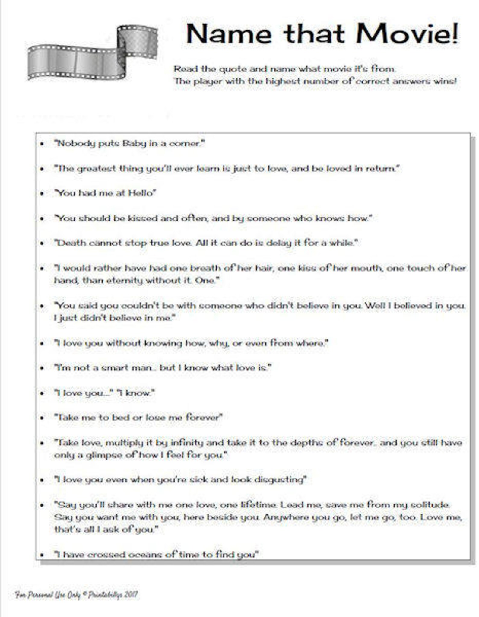 Name That Movie! Bridal Shower Game - Etsy