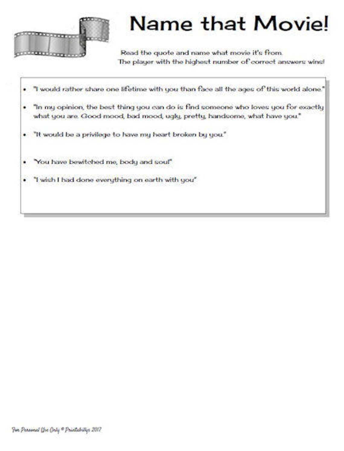 Name That Movie! Bridal Shower Game - Etsy