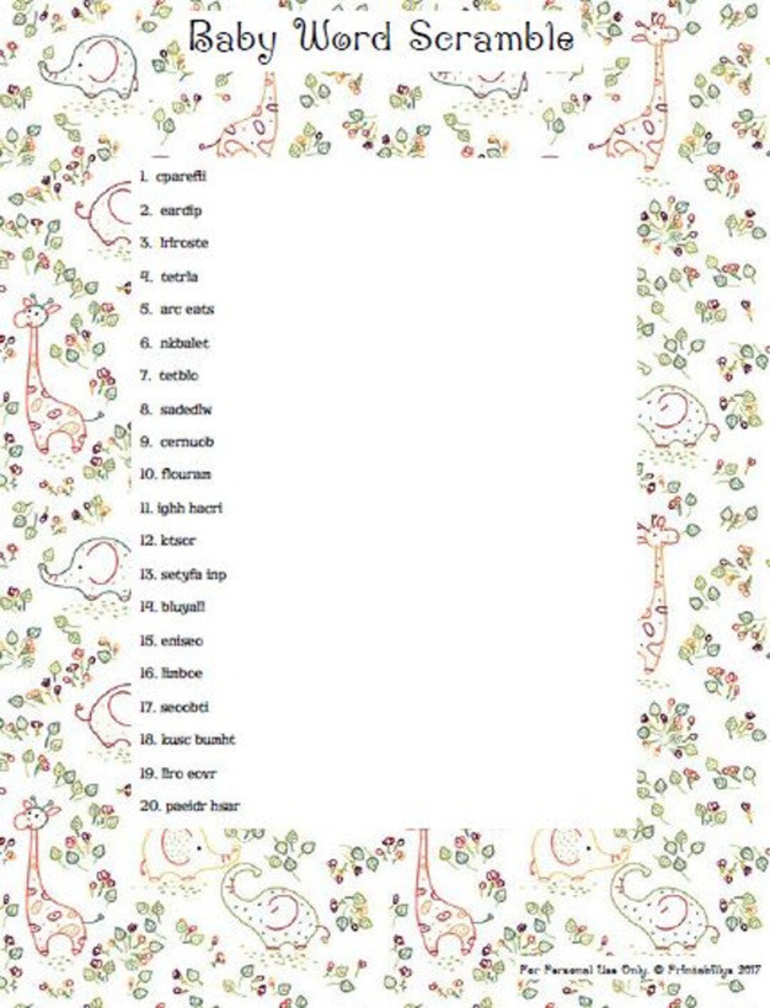Word Scramble - Elephants and Giraffes Theme Baby Shower Game - Etsy