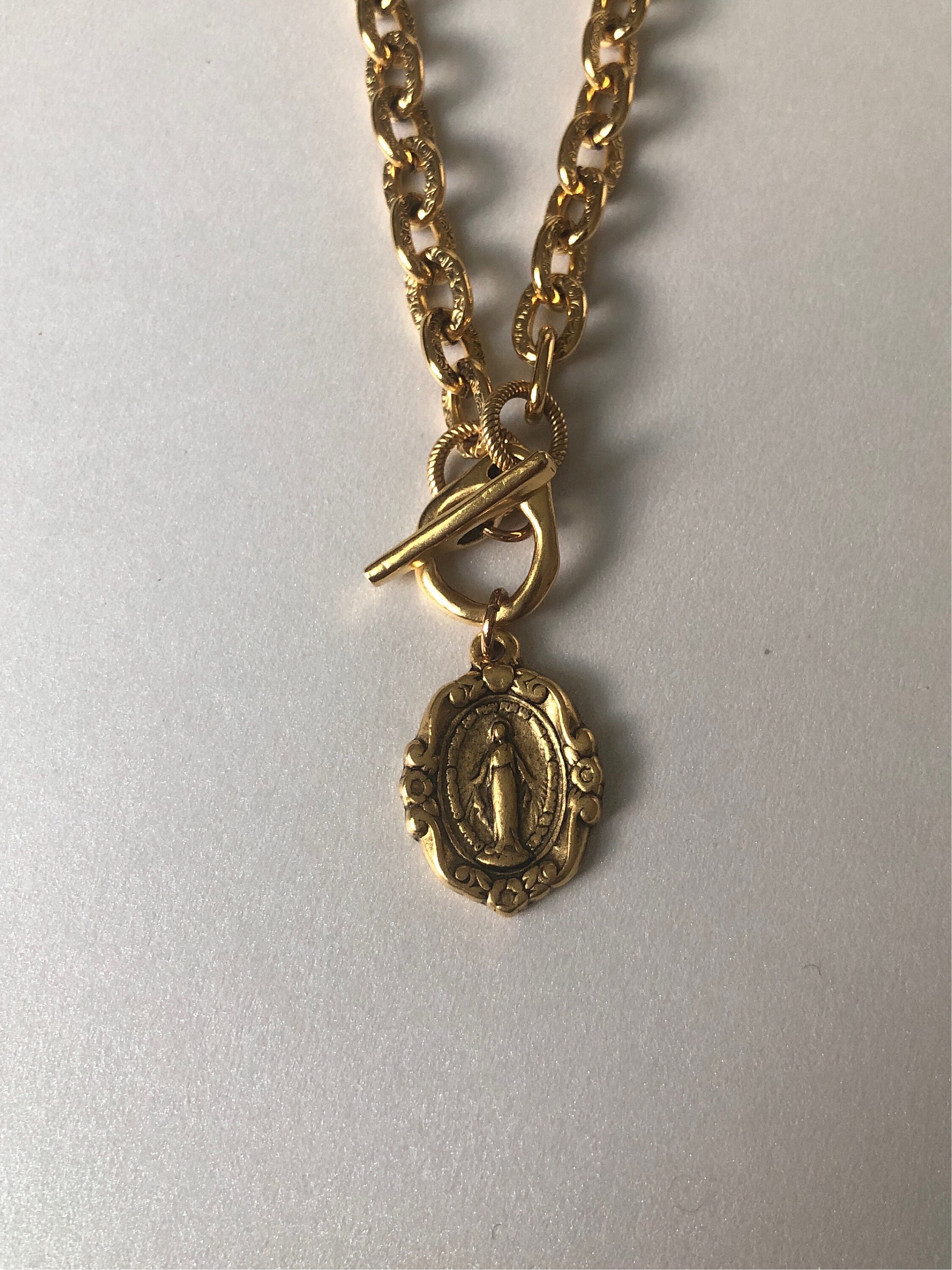 Miraculous Medal Chain Necklace Antiqued Gold Consecration Chain Gift for Catholic Marian ...
