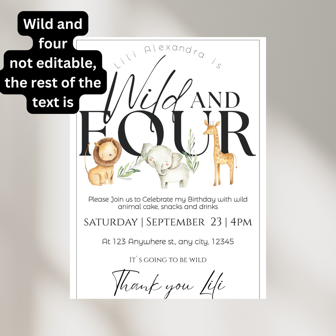 Wild and Four Safari Editable Animals Birthday Party - Etsy