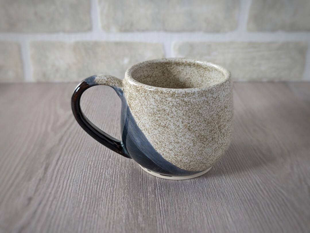 Pottery Mug | | Speckle White and Dark Blue | Short Mug | Handmade ...