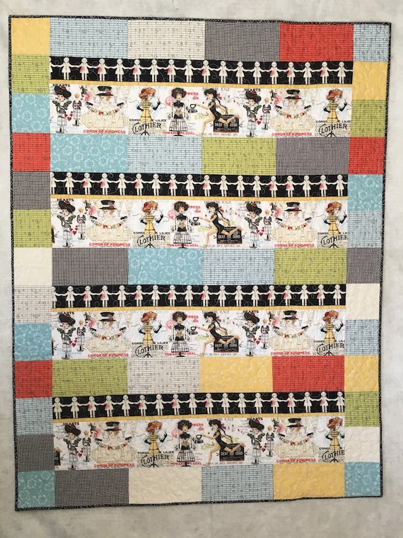 Sewing girl print quilt in black and bright colors | Etsy
