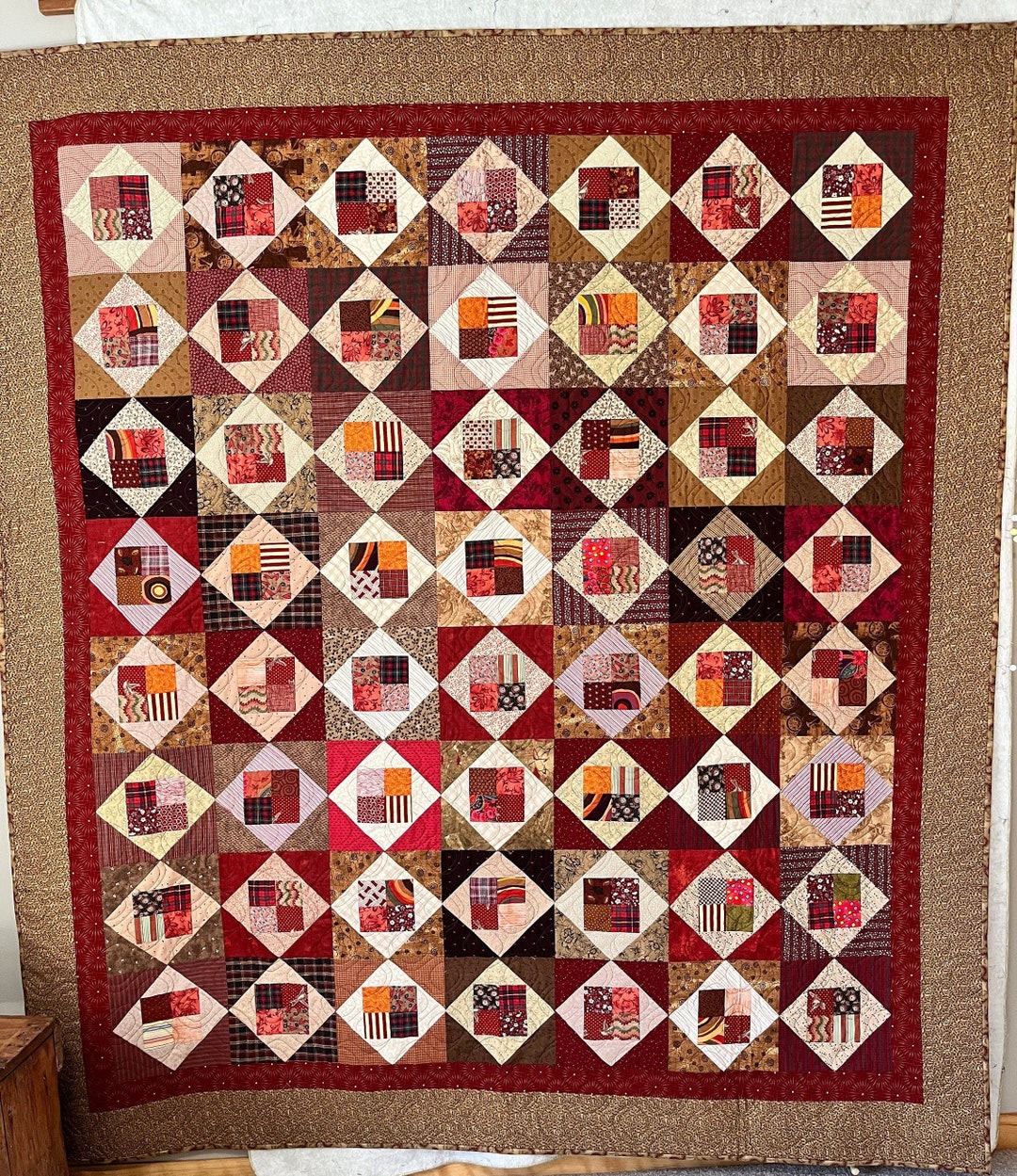Brown and Red Quilt in 4-patch in Square-in-square Pattern - Etsy