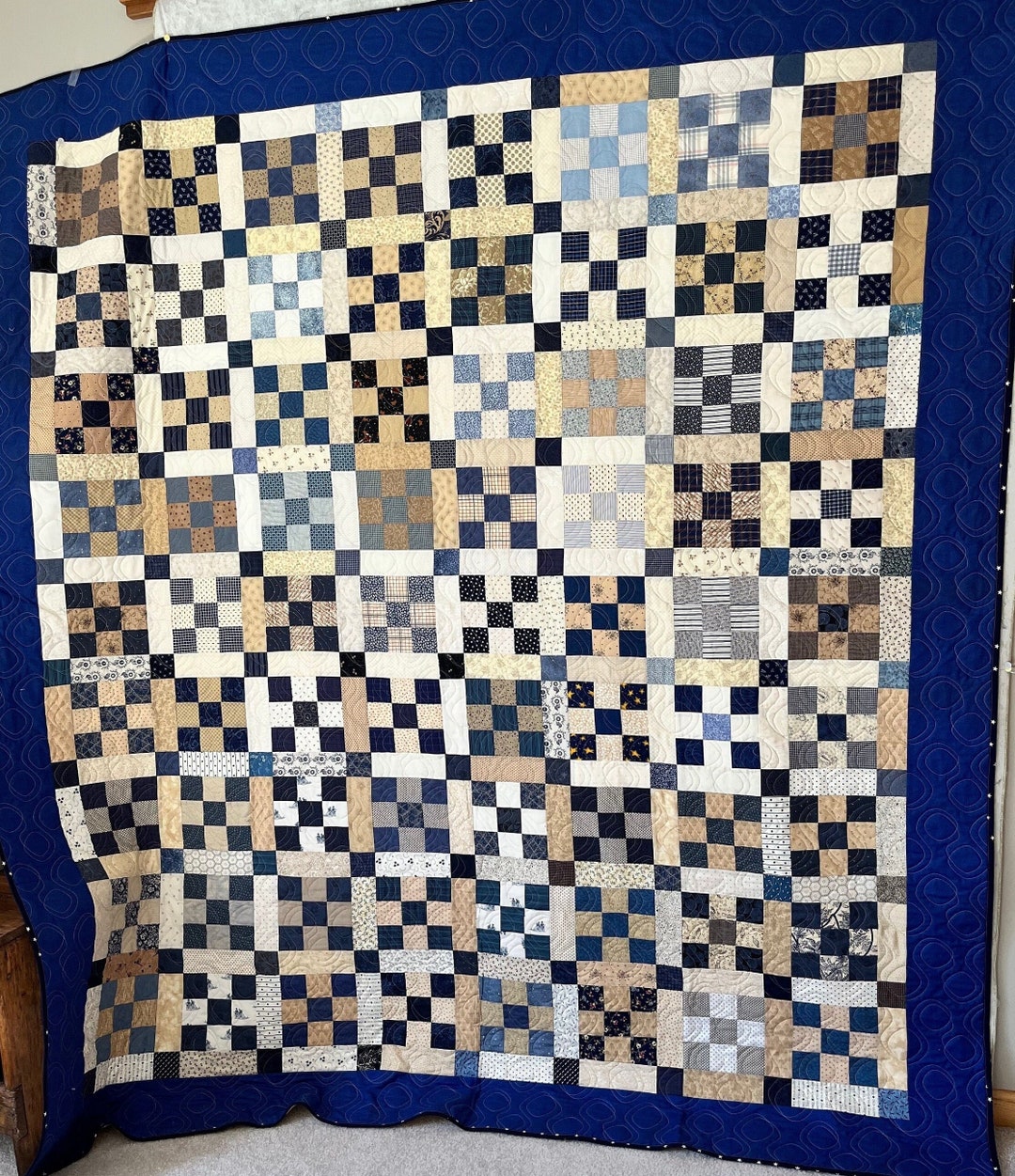 Blue and Cream 9-patch Quilt Set With Cream Sashing in Between the ...