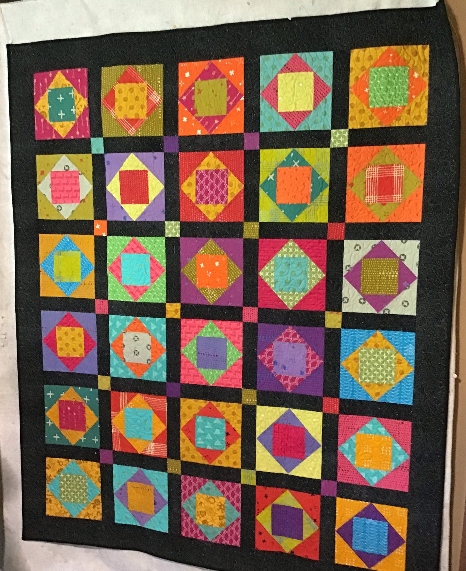 Bright Square-in-square-in-square Modern Quilt With Black Sashing and ...