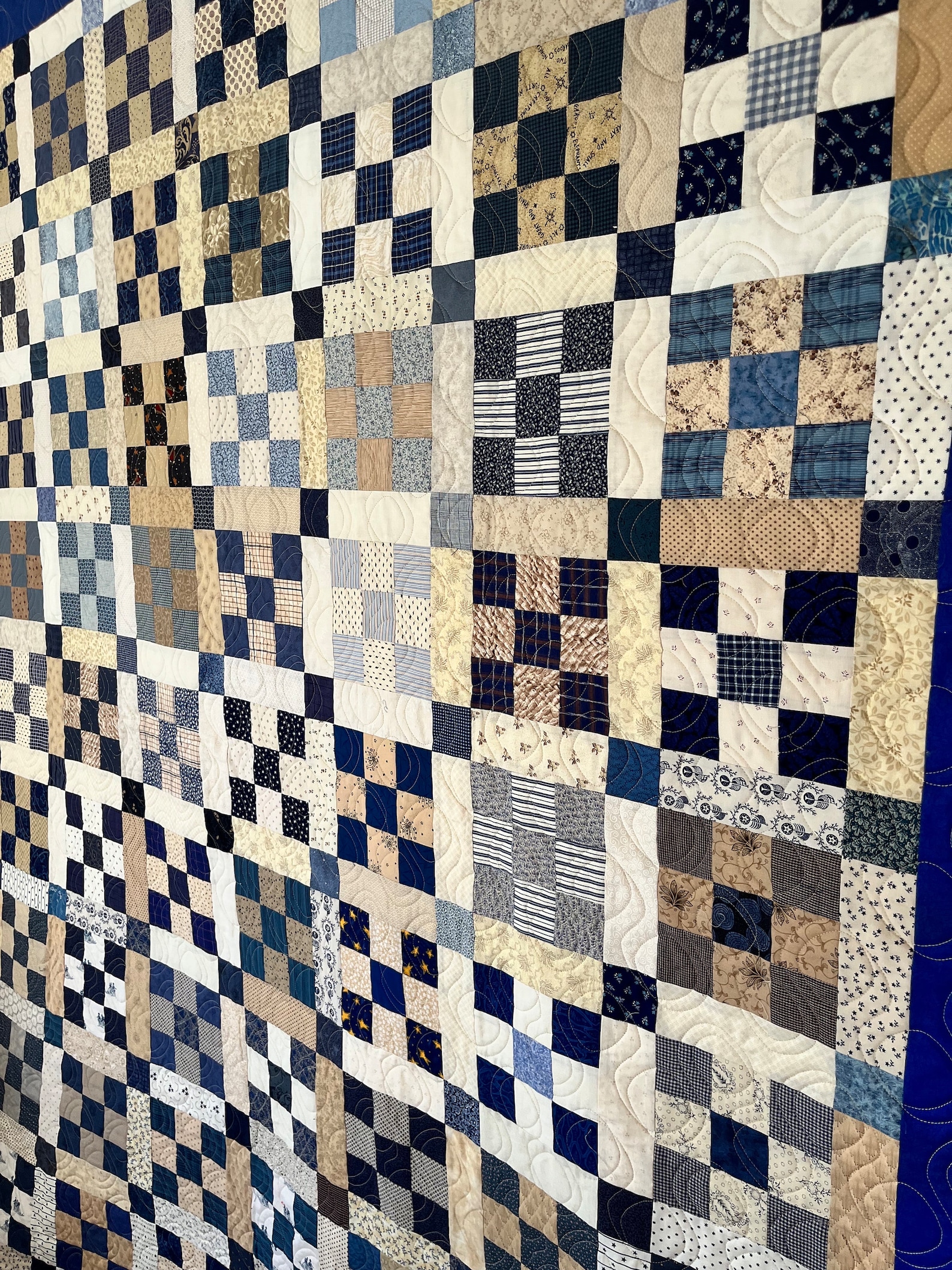 Blue and Cream 9-patch Quilt Set With Cream Sashing in Between the ...