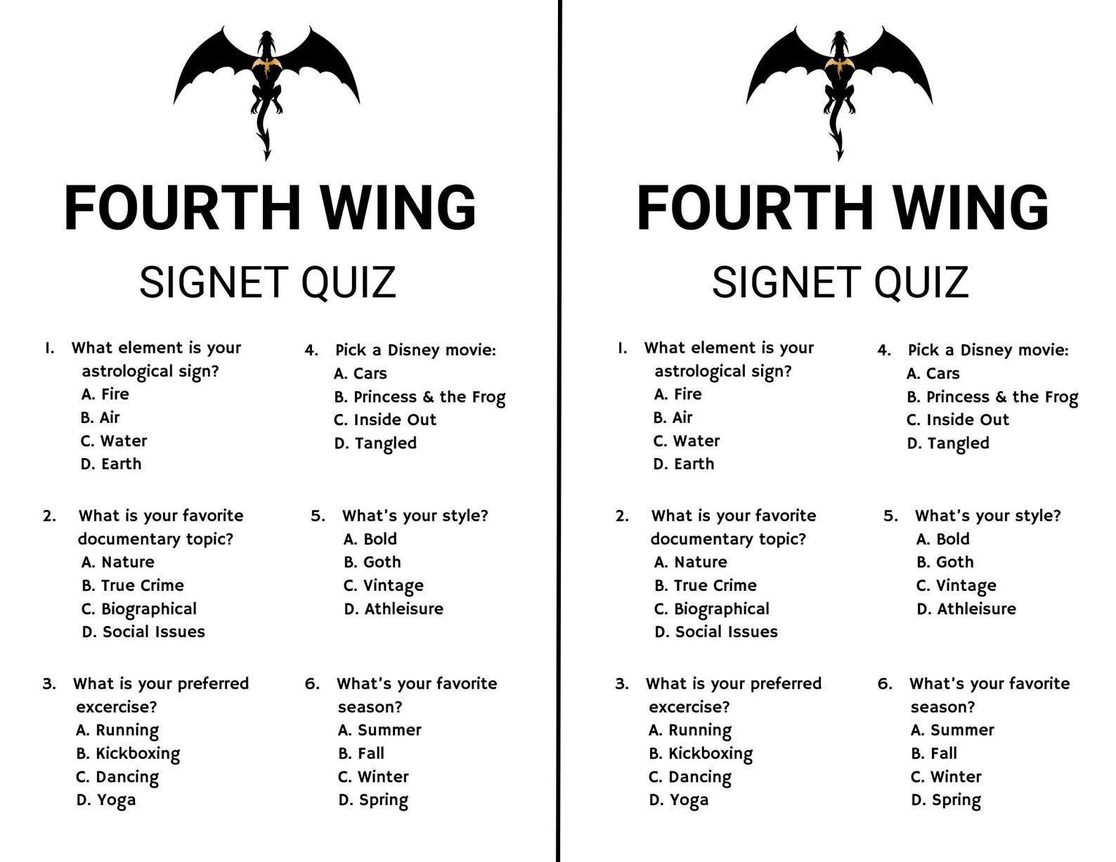 Fourth Wing Signet Quiz Printable - Etsy