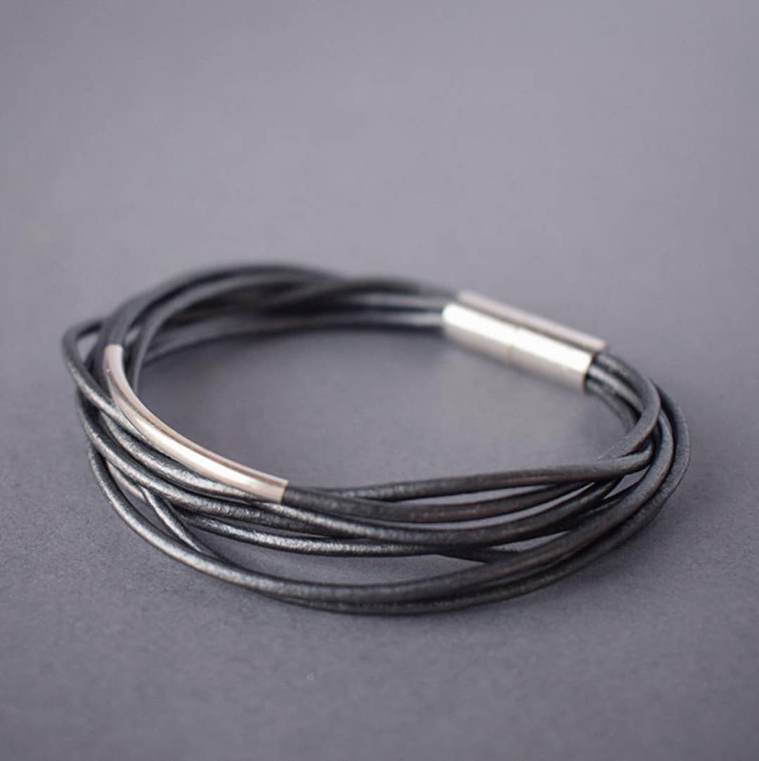 Grey Natural Leather Bracelet, Sterling Silver, Leather Jewellery ...