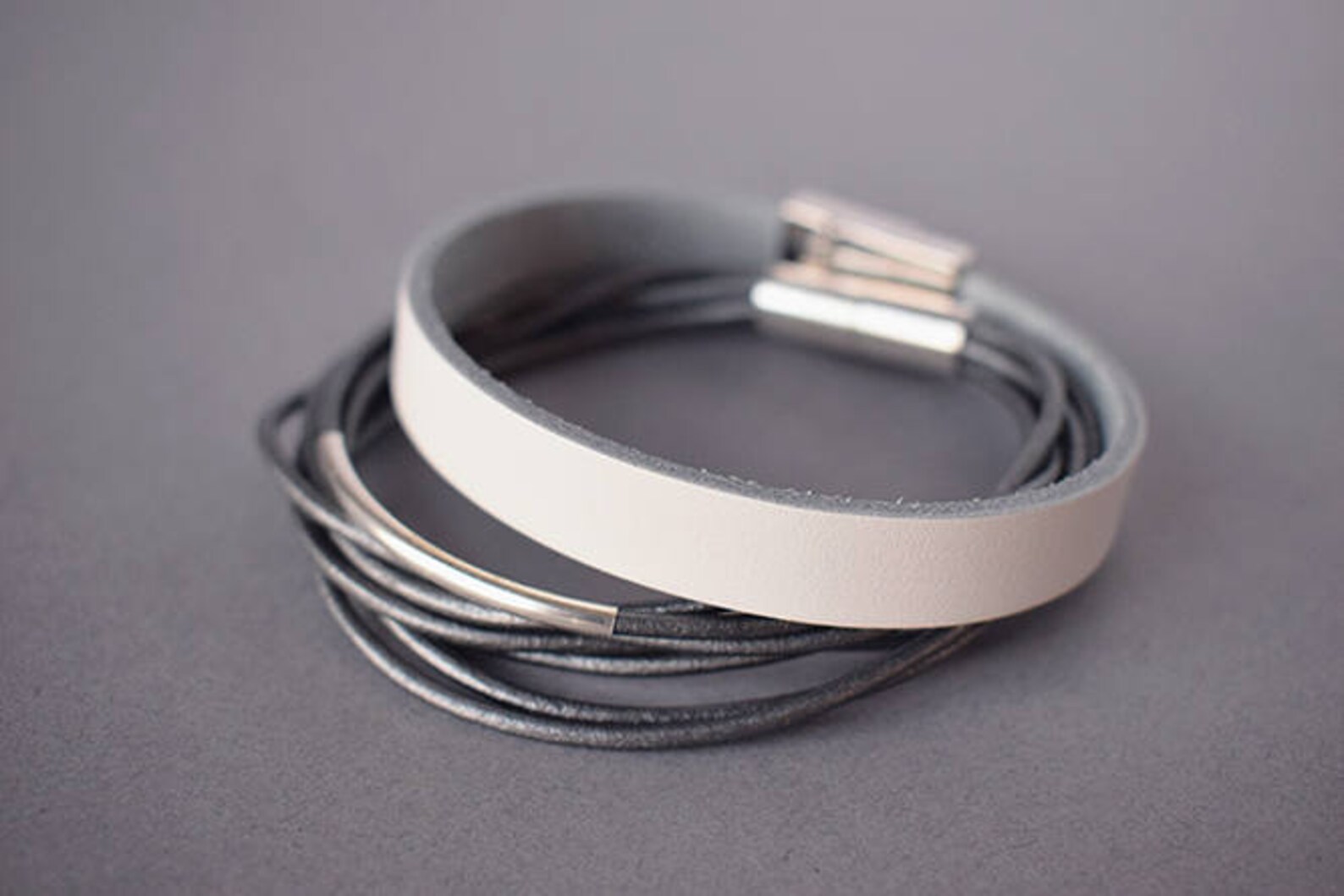 Grey Natural Leather Bracelet, Sterling Silver, Leather Jewellery ...