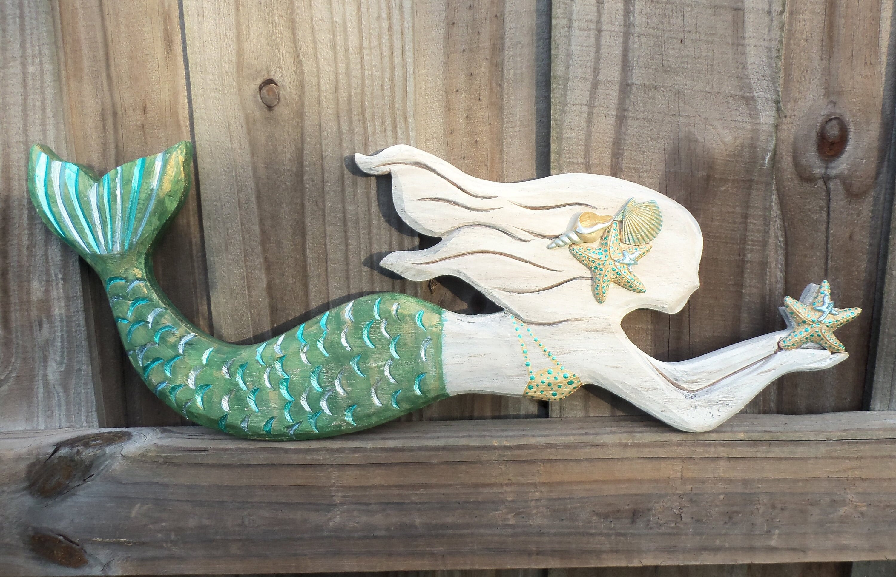 Mermaid Mermaid Starfish Wall Decor Mermaid Wall Art Wall Statue Ocean Colors Detailed Mermaid Painted Top Rustic Mermaid Etsy