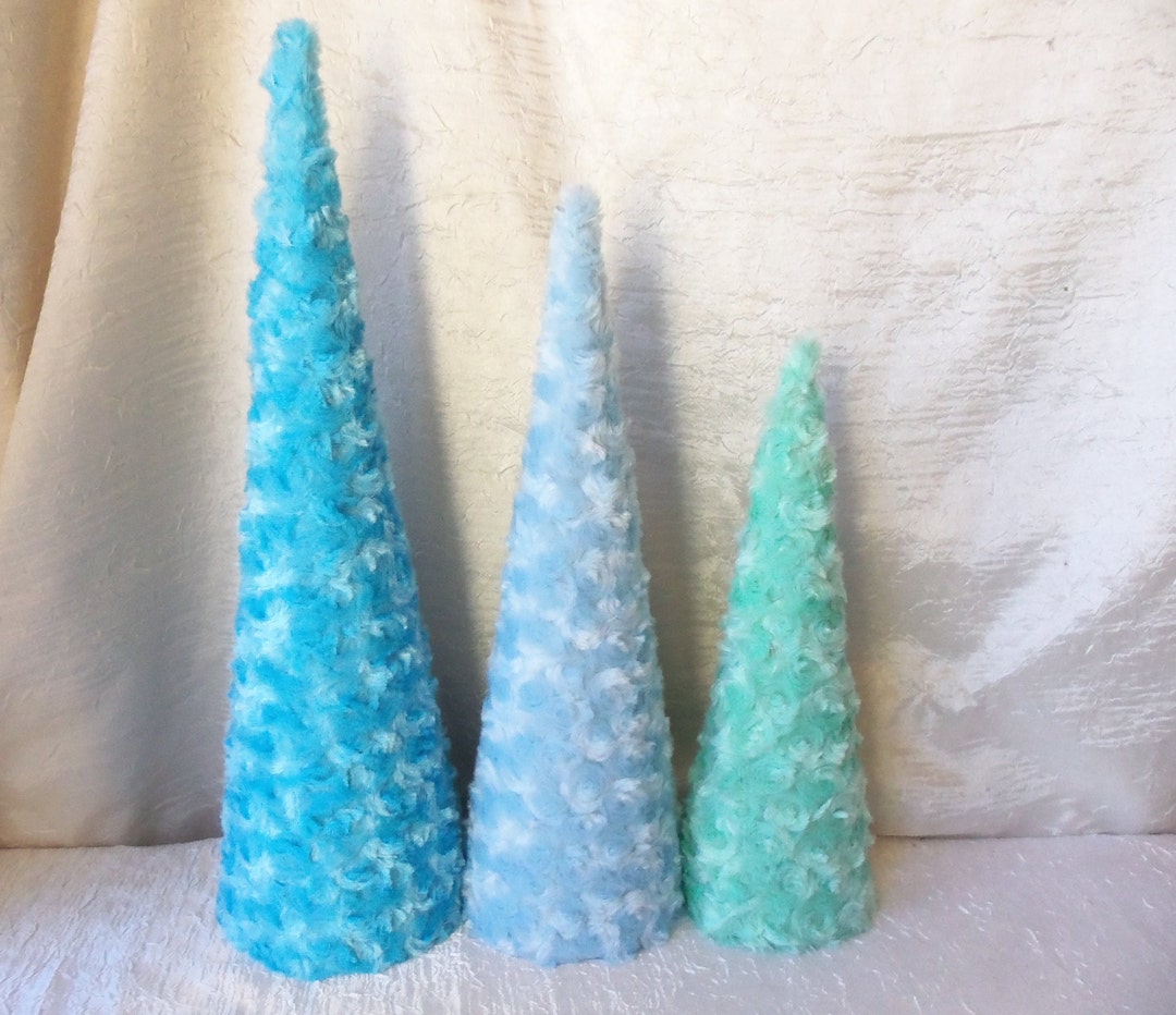 Cone Trees, Set of 3, Fur Cone Trees, Rosebud Swirls, Pastel Turquoise ...