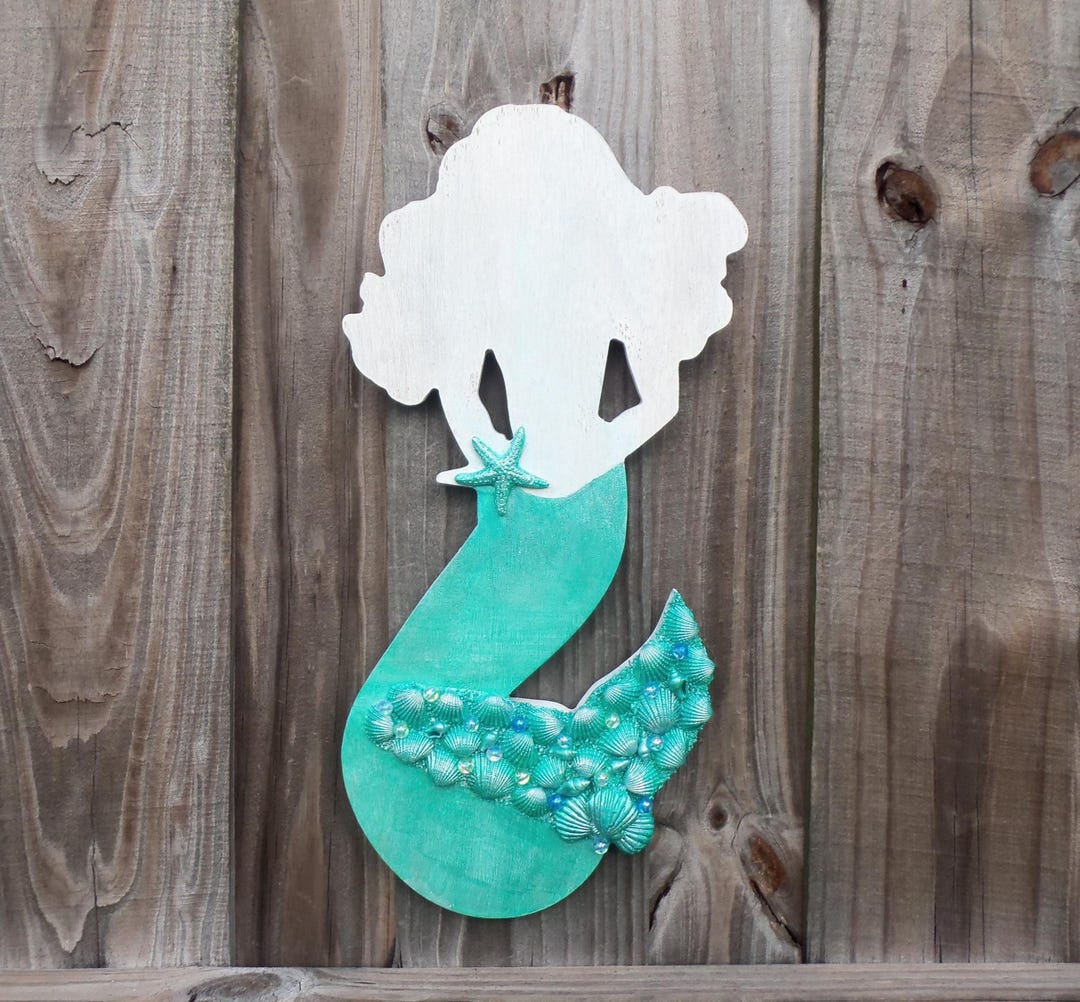 Distressed Wood Mermaid Wall Decor, Seashell Tail, Starfish Accent ...
