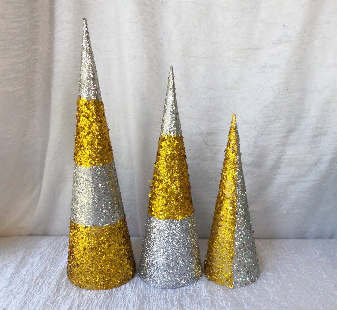 Cone Trees, Set of 3, Silver and Gold Trees, Tabletop Decoration ...