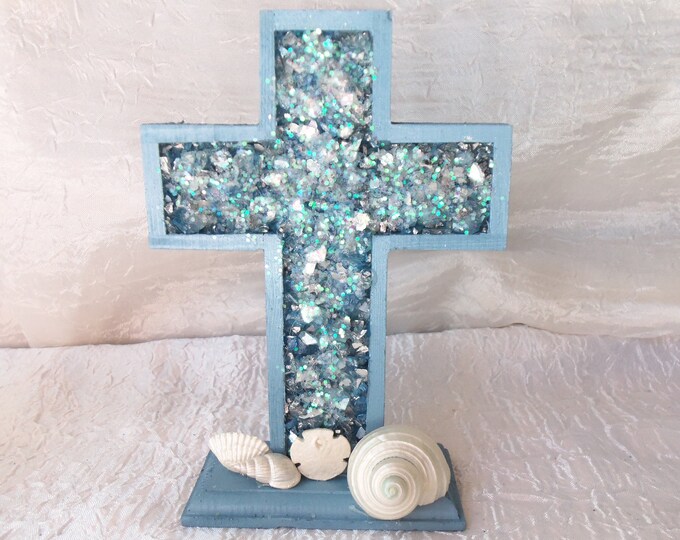 Standing Cross, Shell & Crushed Glass Cross, Blue Shell Cross, Wedding ...