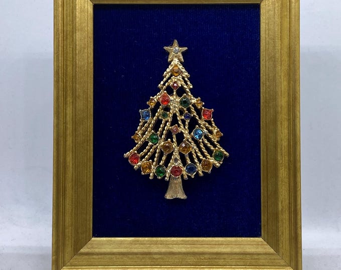 Miniature Framed Jewelry Art - Jeweled Christmas Tree in Gold Tone ...