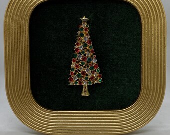Miniature Framed Jewelry Art Jeweled Christmas Tree in Gold Tone Frame ...