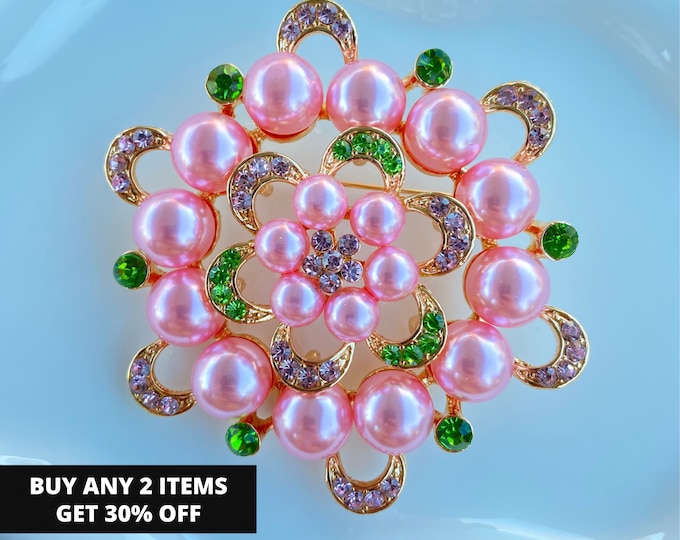AKA Brooch, Pink and Green Crystal Brooch, Sorority Brooch, Gift for ...