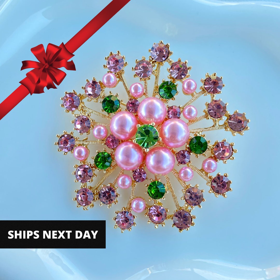 AKA Brooch, Christmas Gift for Her, Pink and Green Crystal Brooch ...