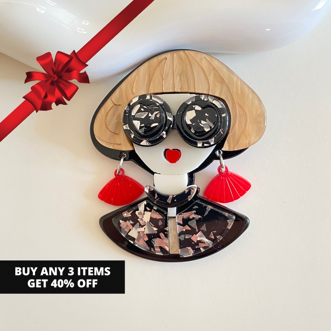 Lady Figure Brooch, Fun Brooch, Lady With Sunglasses Brooch, Fashion ...