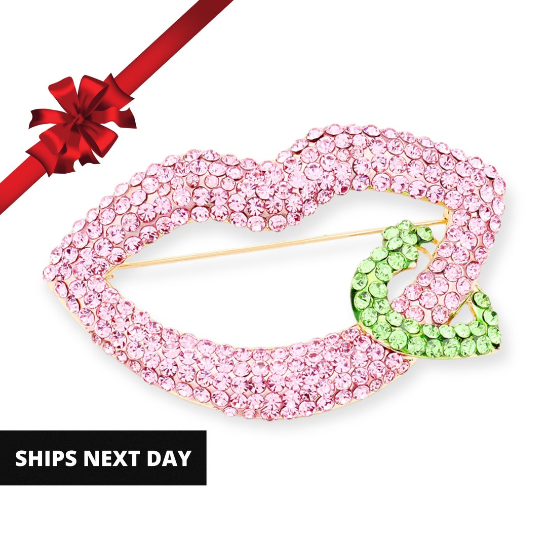 AKA Brooch Pink and Green Rhinestone Brooch Rhinestone Lip - Etsy