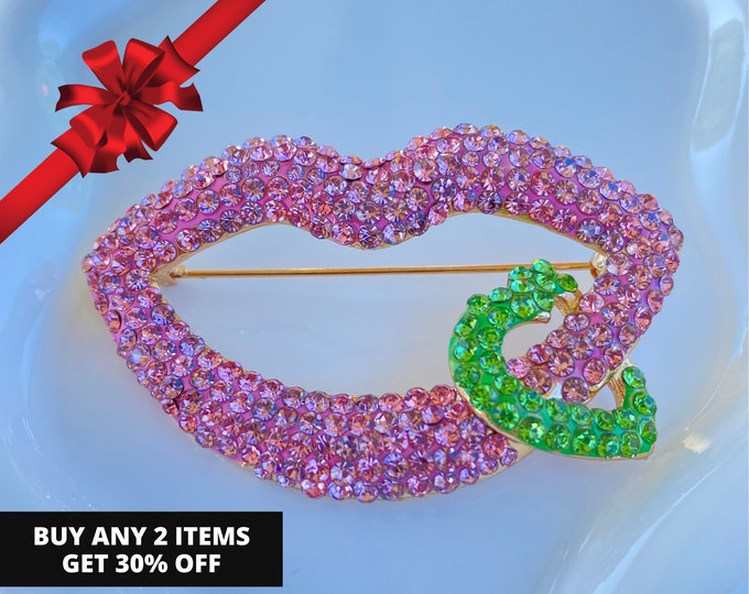AKA Brooch, Pink and Green Rhinestone Brooch, Rhinestone Lip Brooch ...