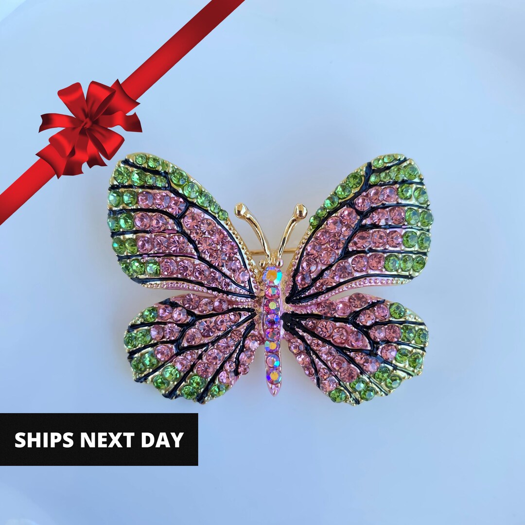 AKA Brooch, Pink and Green Butterfly Brooch, Crystal Butterfly Pin, AKA ...