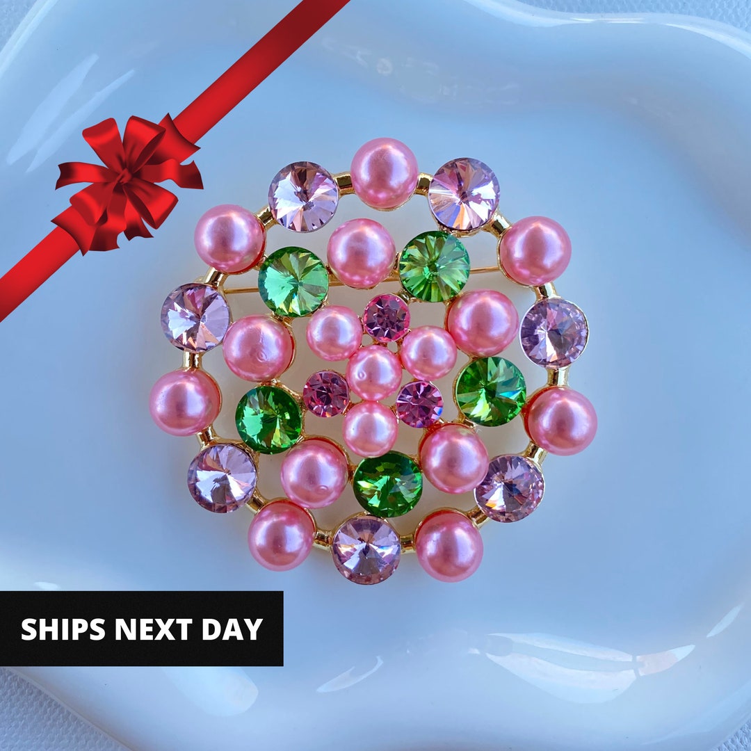 AKA Pink and Green Brooch, Sorority Brooch, Crystal Brooch, Pearl and ...