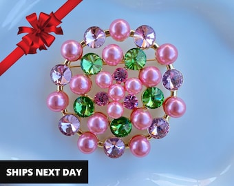 AKA Brooch, Pink and Green Butterfly Brooch, Crystal Butterfly Pin, AKA ...