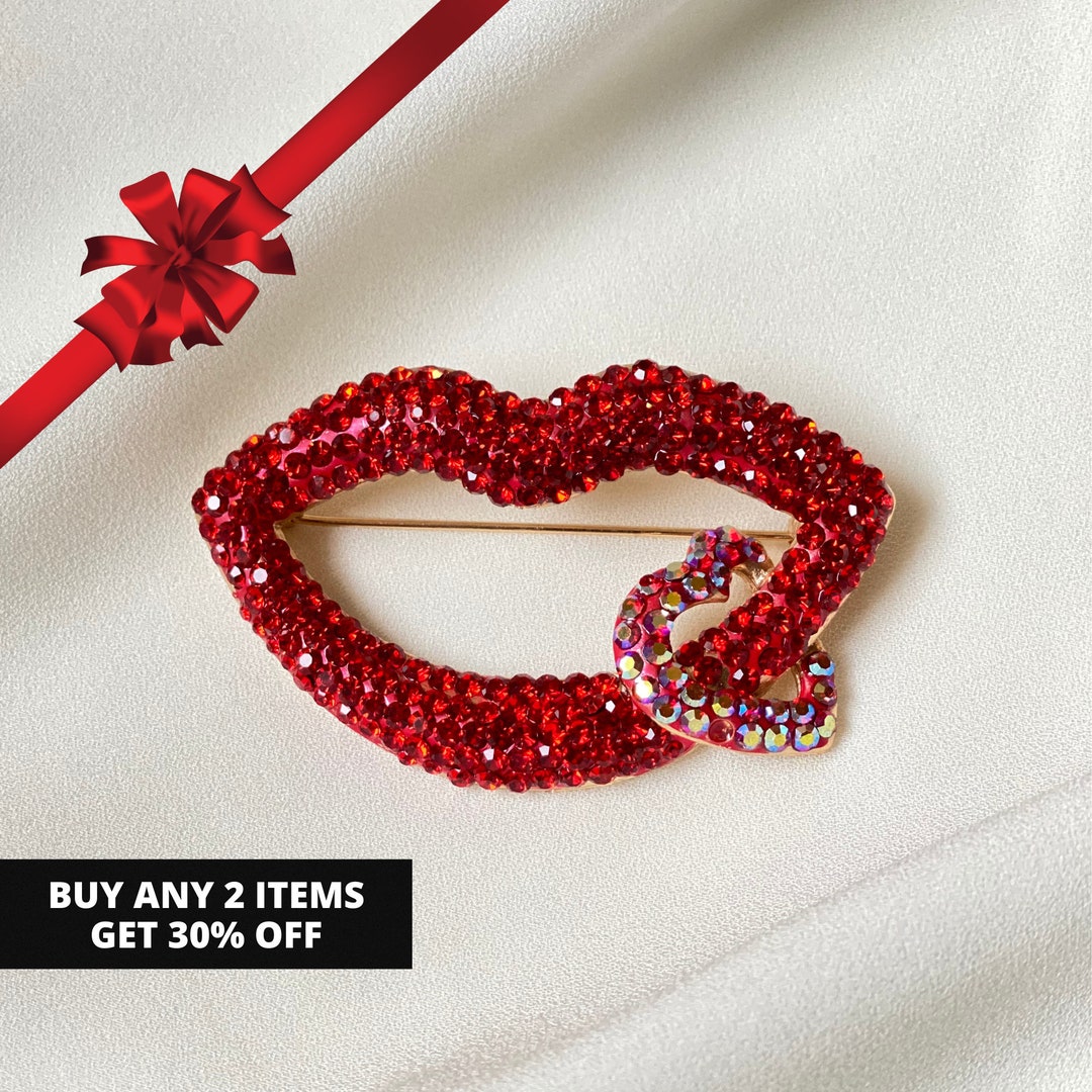 Rhinestone Lip Brooch, Heart Pin Brooch, Statement Red Lips Brooch ...
