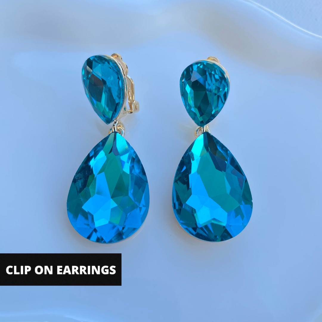 Blue Clip on Earrings, Crystal Drop Earrings, Clip Earrings, Statement ...