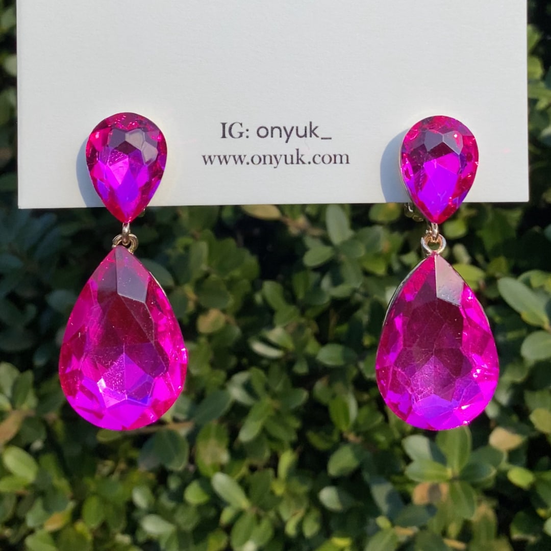 Pink Clip on Earrings, Pink Crystal Drop Earrings, Clip Earrings ...